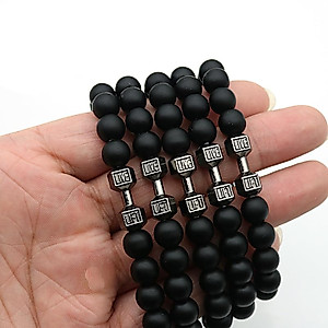 Handmade Black Dumbbell Bracelet Gym Bros Fitness Barbell Bracelet Natural Volcanic Lava Stone Adjustable Beads Bracelet Fitness Jewelry for Women (V-Black)