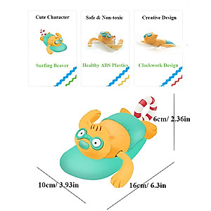 NEXTAKE Pull String Baby Bath Toy Pull & Go Beaver Cute Surfing Beaver Swimming Beaver Windup Clockwork Bathtub Toy for Toddlers (Blue)