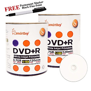 Smartbuy 200-disc 4.7GB/120min 16x DVD+R White Inkjet Hub Printable Blank Media Disc + Black Permanent Marker