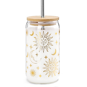 Nefelibata Sun and Moon Iced Coffee Cup Beer Can Glass for Hot/Cold Beverages Gothic Sun Moon Star Tumbler with Lid and Straw Celestial 16oz Coffee Mug Witchy Tarot Gift Boho Home Decor Birthday Gifts