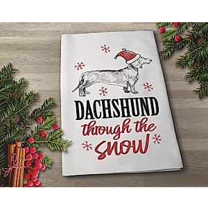 Honey Dew Gifts, Dachshund Through The Snow, Flour Sack Towel, 27 x 27 Inch, Made in USA, Funny Kitchen Towels, Dachshund Christmas Decorations, Dog Mom Gifts, Funny