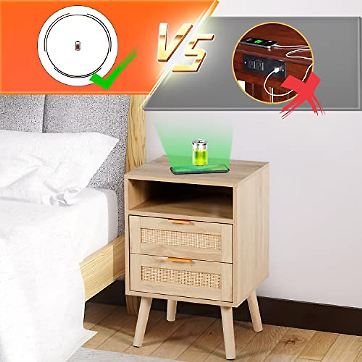 AILEEKISS Rattan Nightstands Set of 2 with Wireless Charging Station Modern Bedside Tables with Solid Wood Feet Night Stands Set of 2 with Drawers and Open Storage Shelf for Bedroom (Natural 2 Sets)