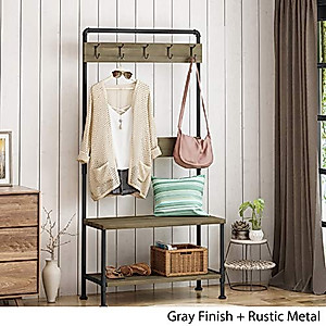 Christopher Knight Home Kay Indoor Industrial Acacia Wood Bench with Shelf and Coat Hooks, Gray Finish, Rustic Metal