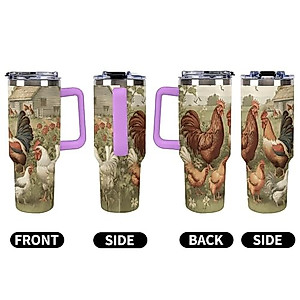 LLUTSNTH 40 Oz Vacuum Tumbler with Violet Handle Leakproof Insulated Tumbler Chickens And Farm Stainless Steel Travel Mug with Lid And Straw Coffee Cup Cute Water Bottles Cup Holder Friendly