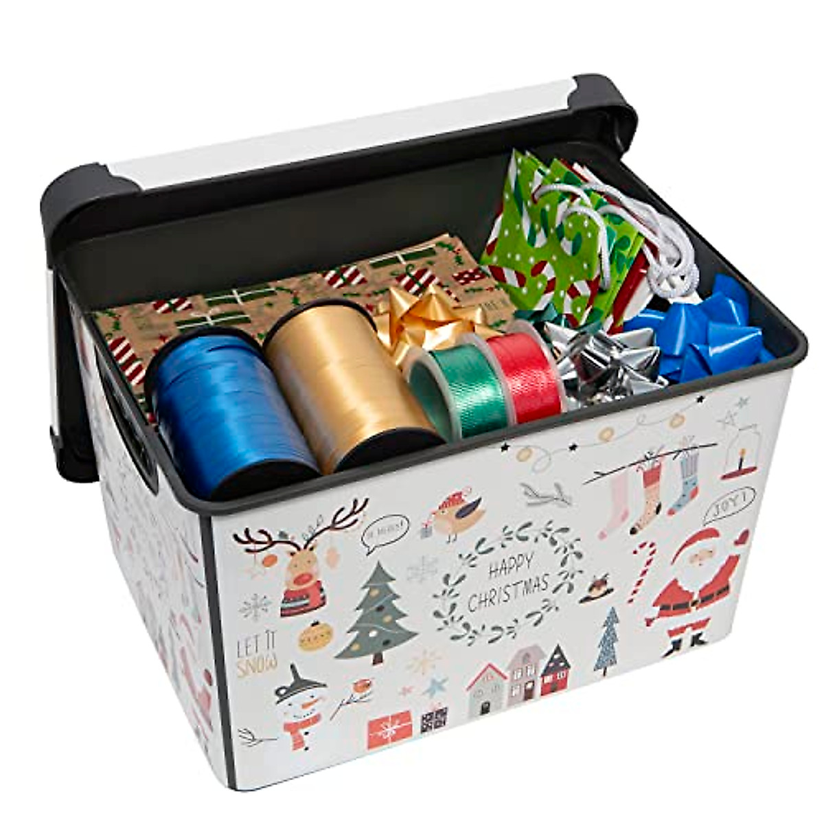 Simplify “Happy Christmas” Design Storage Bin | Christmas Tote | Holiday Décor Decorations Organizer | Lidded | Stackable | White