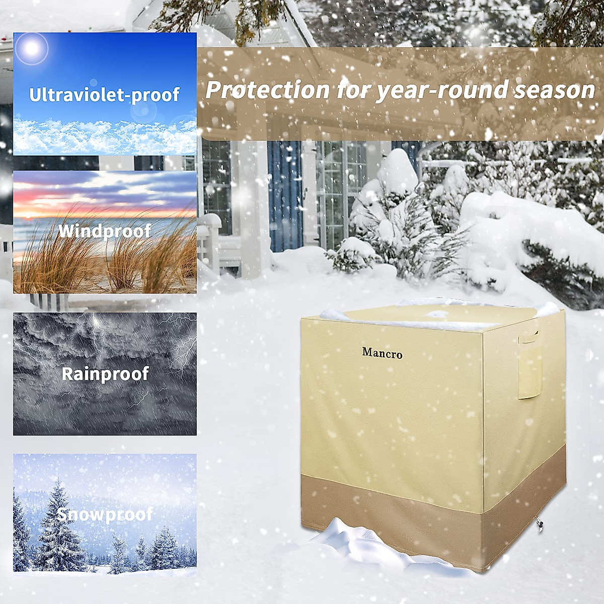 Air Conditioner Covers for Outside Units,Mancro Central Air Conditioner Cover Fits up to 36 x 36 x 39 inches,Durable Water Resistant Heavy Duty Windproof Square AC Covers,Grey