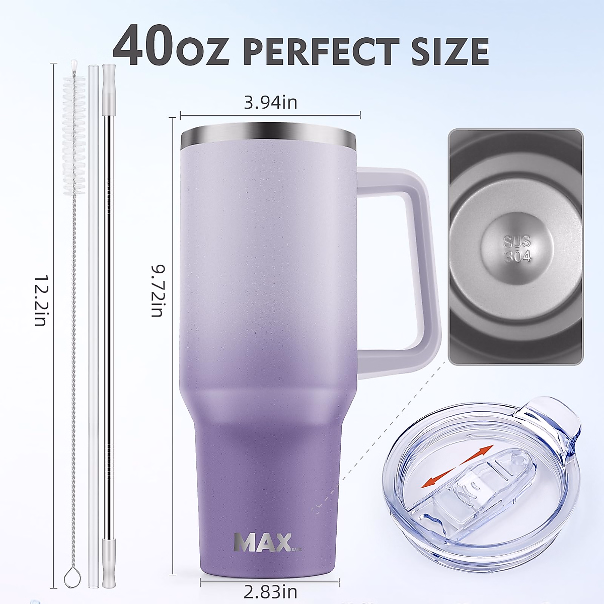 MaxBase 40 Oz Tumbler with Handle and Straw Lid, Insulated Reusable Stainless Steel Travel Mug Keeps Drinks Cold up to 34 Hours, 100% Leakproof Bottle (GradientPurple)
