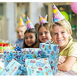 BOLIANNE Ocean Wrapping Paper - Birthday Wrapping Paper for Boys Girls Kids with Cute Whales Dolphins Fishes, 6 Large Sheets Sea Blue Gift Wrap for Baby Shower, Folded Flat, 27 X 37 Inch