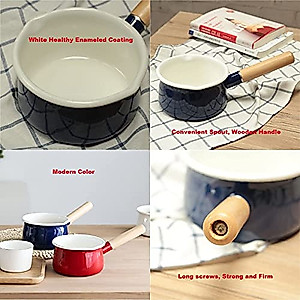 YumCute Home Enamel Milk Pan with Dual Pour Spout Butter Warmer Milk Pot Healthy White Enamel Inside Coating Iron 1QT Enamel Saucepan Small Soup Pot with Wooden Handle Handy Pot (Blue)