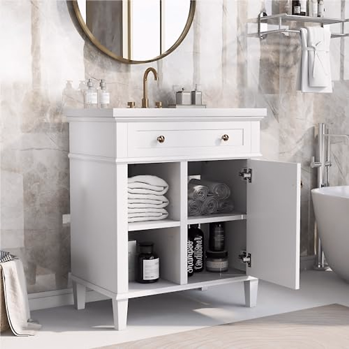 PIETFIU 30" Bathroom Vanity with Ceramic Sink Set,Storage Cabinet and Adjustable Shelf,Solid Wood Frame (White, 30 Inch)