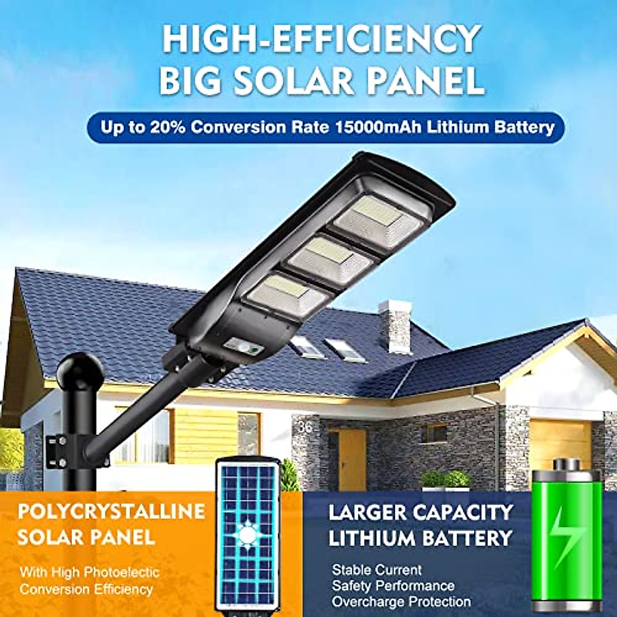 Wattake 300W Solar LED Street Light, 6000K 4000LM Outdoor Solar Powered Street Lights with Motion Sensor and Light Control for Parking Lot, Garage, Home, IP65 Waterproof, Wall or Pole Mount