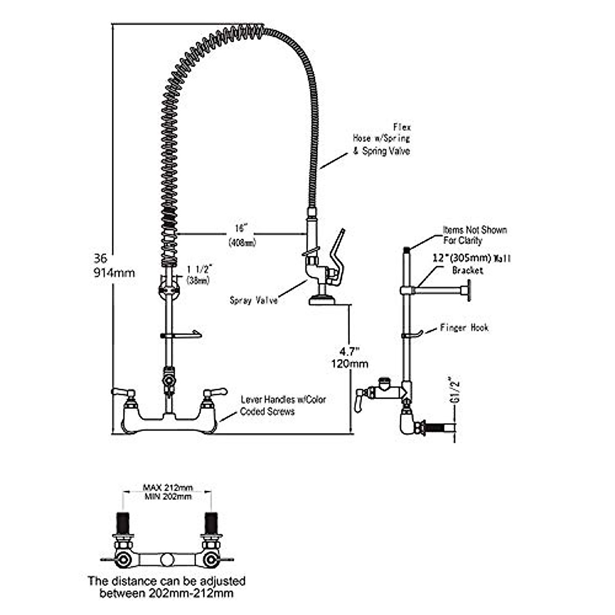 COOLWEST Commercial Sink Faucet 8 Inch Center Wall Mount Kitchen Faucet with Pull Down Pre-Rinse Sprayer and 12” Add-on Swivel Spout, 36” Height Perfect for 3 Bay Compartment Sink
