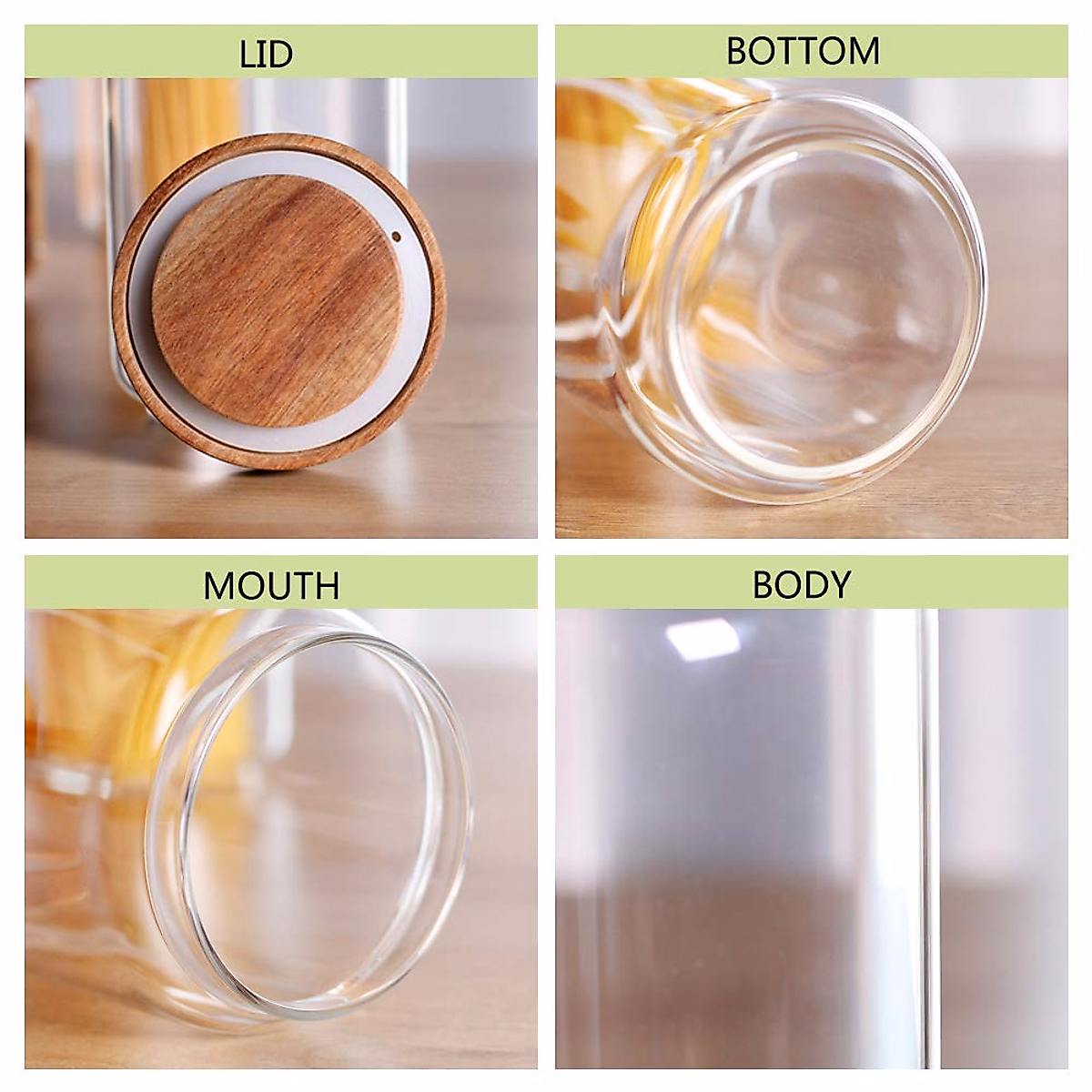 Glass Canisters Set of 5 for the kitchen, Glass Storage Container jars with Airtight Acacia Lid for Coffee Beans, Flour, Sugar, Rice and Spaghetti and etc