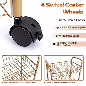 MNOPQ 3 Tier Mesh Rolling Utility Cart, Gold Metal Organization Cart with Lockable Wheels, Multifunctional Storage Trolley Service Cart for Kitchen Living Room Office Salon