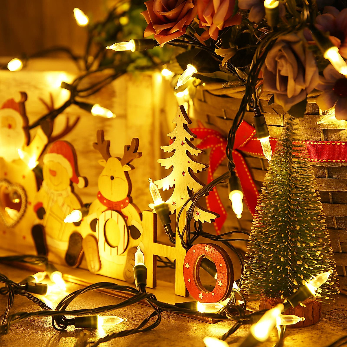 Joomer Warm white LED Christmas Lights Outdoor, 66ft 200 LED Mini String Lights 8 Modes Timer Twinkle Fairy Lights Connectable Waterproof for Indoor Outdoor Home Garden Party Xmas Decoration