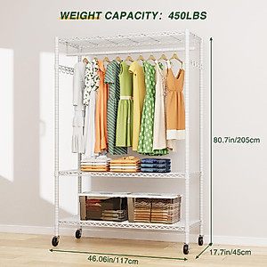 LEHOM G1L 3 Tiers Garment Rack with Storage Shelves, Heavy Duty Rolling Free-Standing Clothing Rack Closet Organizer with Double Rods/Lockable Wheels & 2 Side Hooks, Max Load 450 LBS, White
