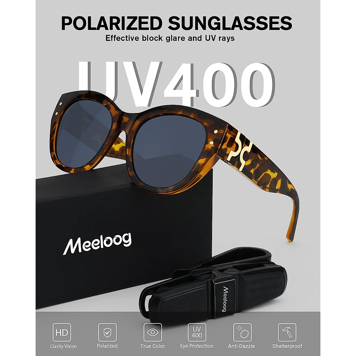 Meeloog Polarized Sunglasses Fit Over Glasses For Women, Trendy Round Sun Glasses Lightweight Wrap Around Shades MST0080 (P1 Tortoise Frame/Grey Lens)