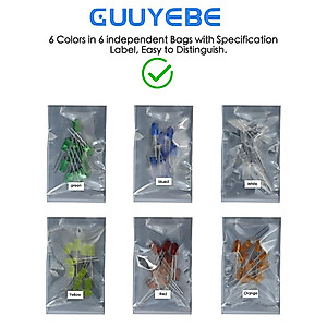 GuuYebe LEDs, Single LED Light 5mm LED Diode Lamp DIY Kit with White Red Green Blue Yellow Orange Diffused Round Lens DC 3V 20mA Mini Bulbs Electronics Components 6 Colors x 10PCS