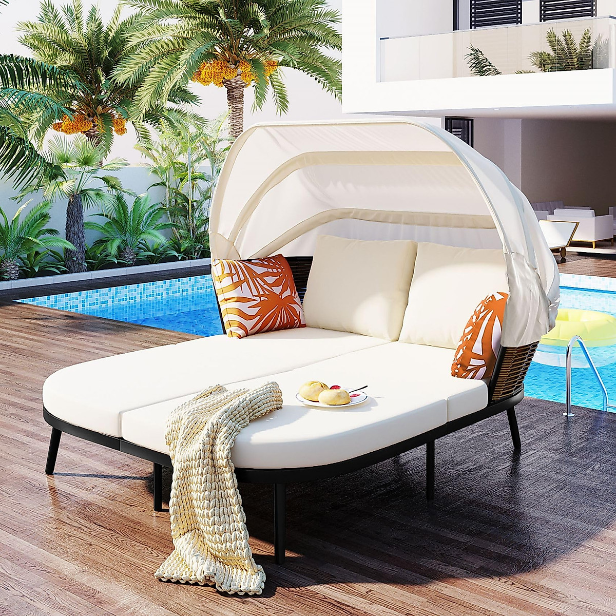 Merax 74.8" L Outdoor Daybed with Retractable Canopy Mattress Included, Patio Rattan Back Loveseat Sofa, Day Bed Throw Pillows and Cushions Set for Backyard, Poolside, Garden, Beige