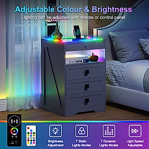 Lvifur RGB Nightstand with Gun Drawer, Glass Top Bedside Table with Wireless Charger Station, LED Night Stand with Human Sensor Design, Modern End Table for Bedroom Living Room (Grey)