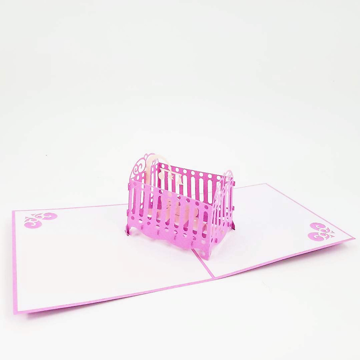 POP CARD EXPRESS Girl Baby Crib Pop Up Card, Pop Up Congrats Greeting Cards for Newborn Babies, Gifts for New Parents, Baby Shower Baby Crib Pop Up Card (Pink)
