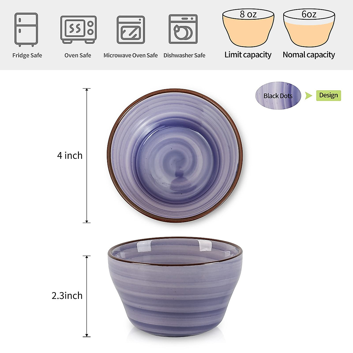 Selamica Ceramic 8oz Bouillon Cups 4 Inch Small Dessert Bowls for Soup Dipping Sauce Coffee Cupping, Microwave Dishwasher Safe, Set of 6, Gradient Color