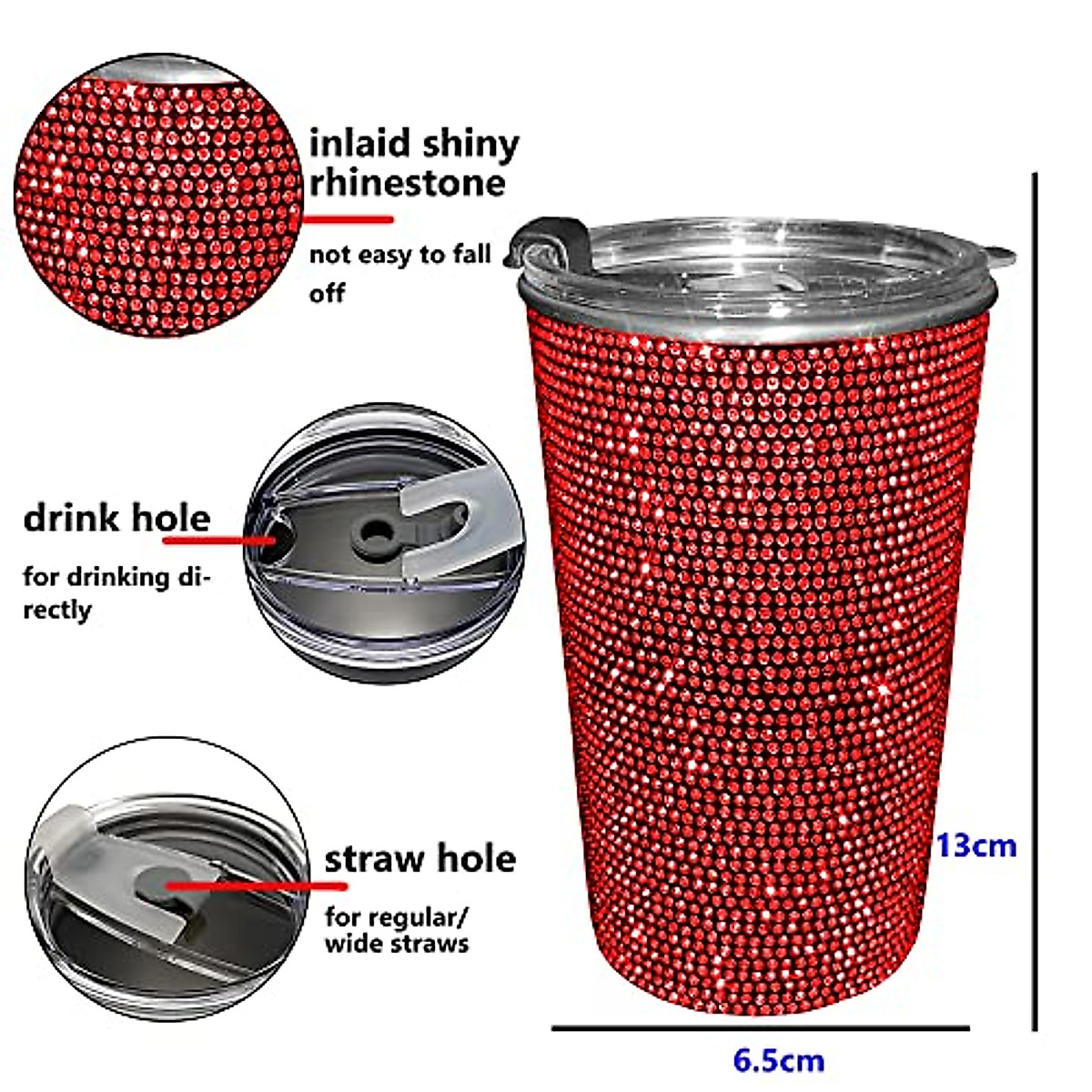Bling Diamond Straw Cup,17oz Stainless Steel Thermal Bottle,Vacuum Double Wall Insulated Cup Glitter Water Bottle,Bling Cup, Leak-Proof Insulated Coffee Cup for Gym Fitness Travel Office Use（Red）