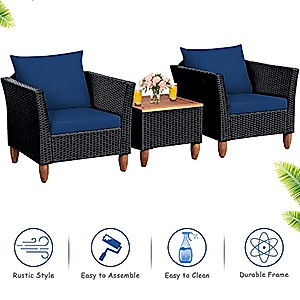 Tangkula 3 Piece Patio Furniture Set, Patiojoy Outdoor Wicker Rattan Bistro Sofa Set w/Washable Cushion, Acacia Wood Top Coffee Table, Conversation Set for Balcony Backyard Porch (Blue)