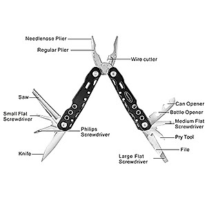 RoverTac Multitool Pliers Pocket Knife Camping Tool Gifts for Men 14 in 1 Multi Tool with Safety Lock Screwdrivers Saw Bottle Opener Durable Sheath Perfect for Camping Survival Hiking Simple Repairs
