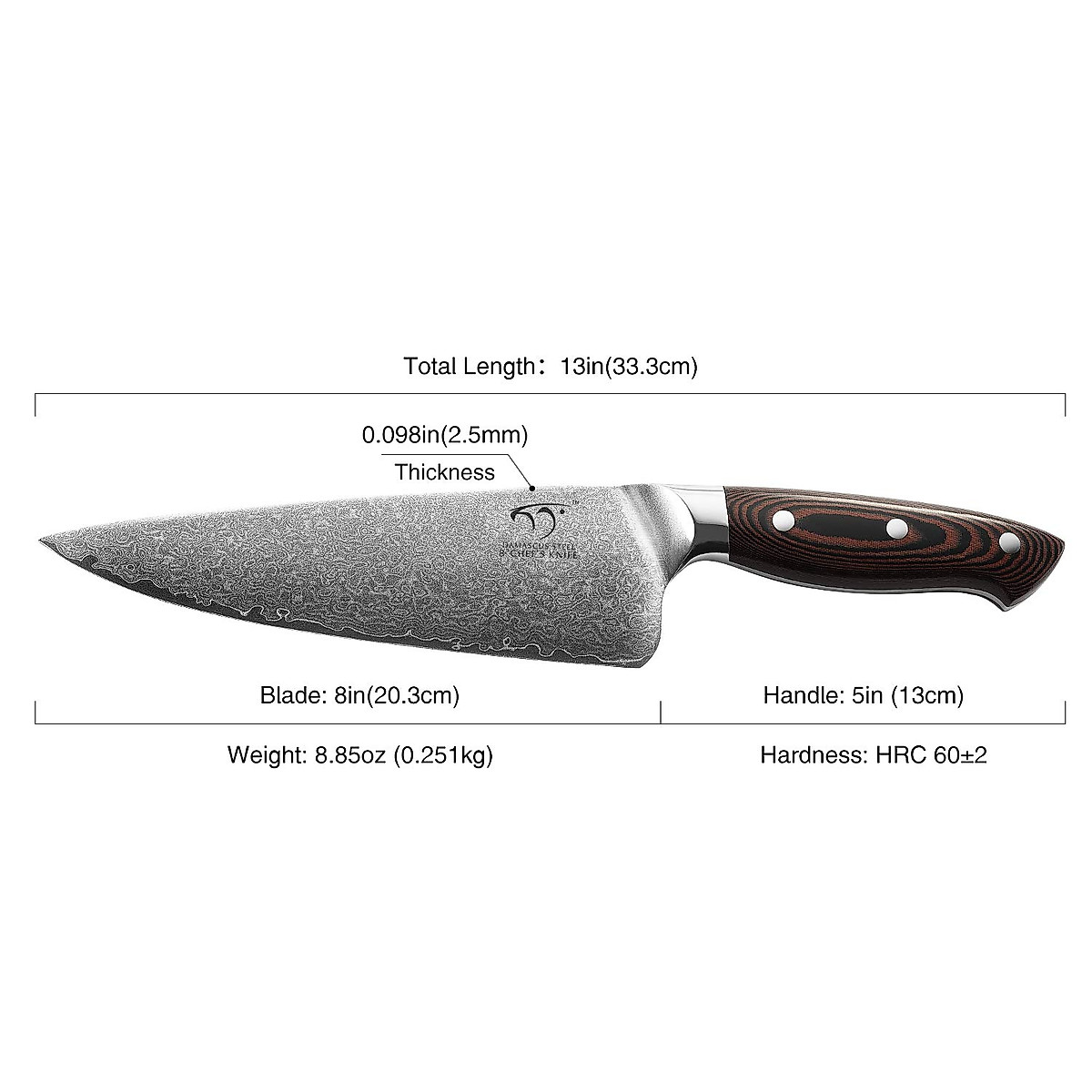Damascus Chef Knife, 8 Inch Professional Damascus Kitchen Knife Forged with VG10 Super Steel 67-Layer, Non-slip Ergonomic Micarta Handle, Razor Sharp Lightweight Multipurpose Full Tang Gift Box