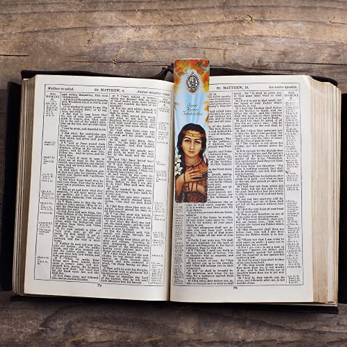 Religious Bookmark and Silver Tone Pendant Medal Catholic Keepsake Gift Set for Reading Lovers, Patron Saint of Ecology St Kateri Tekakwitha Bible Scripture Page Tracker and Prayer Card