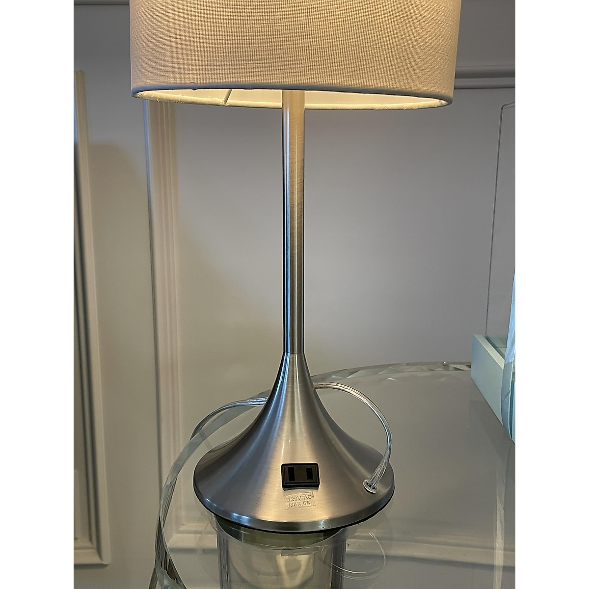 Tower Table Lamp with 120V 60W Outlet, Side Table Lamp for Living Room Guest Room, and Lighting Fixture Dining Room- Silver- E26-19 H