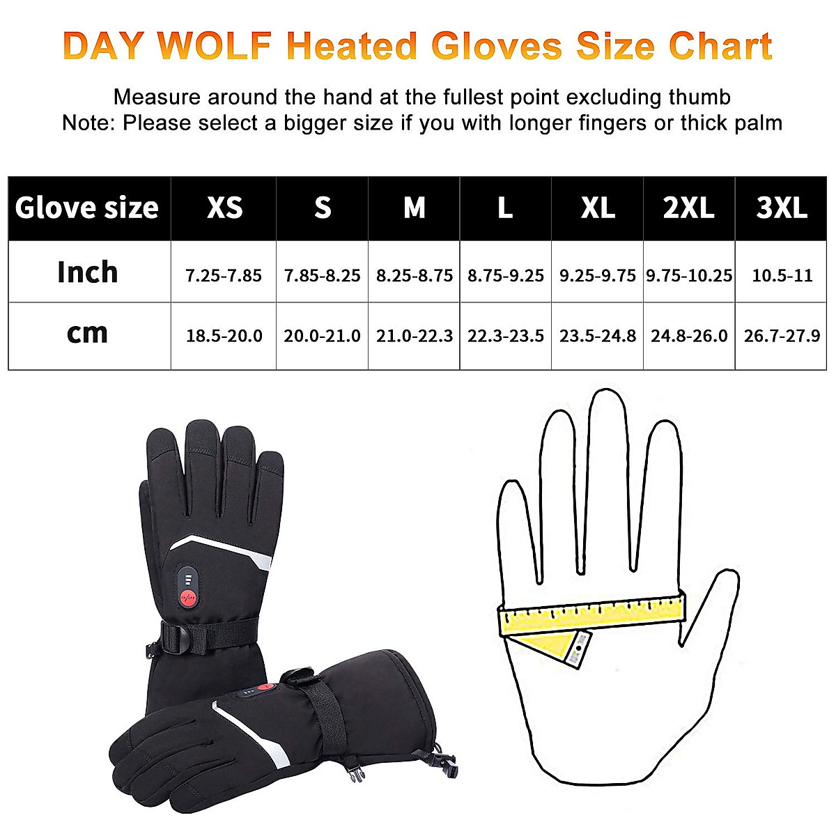 day wolf Upgraded Heated Gloves for Men Women, Waterproof and Touch Screen 7.4V 2200mAh Rechargeable Electric Gloves Hand Warmer for Skiing, Snowboarding, Skating, Camping Hiking Running