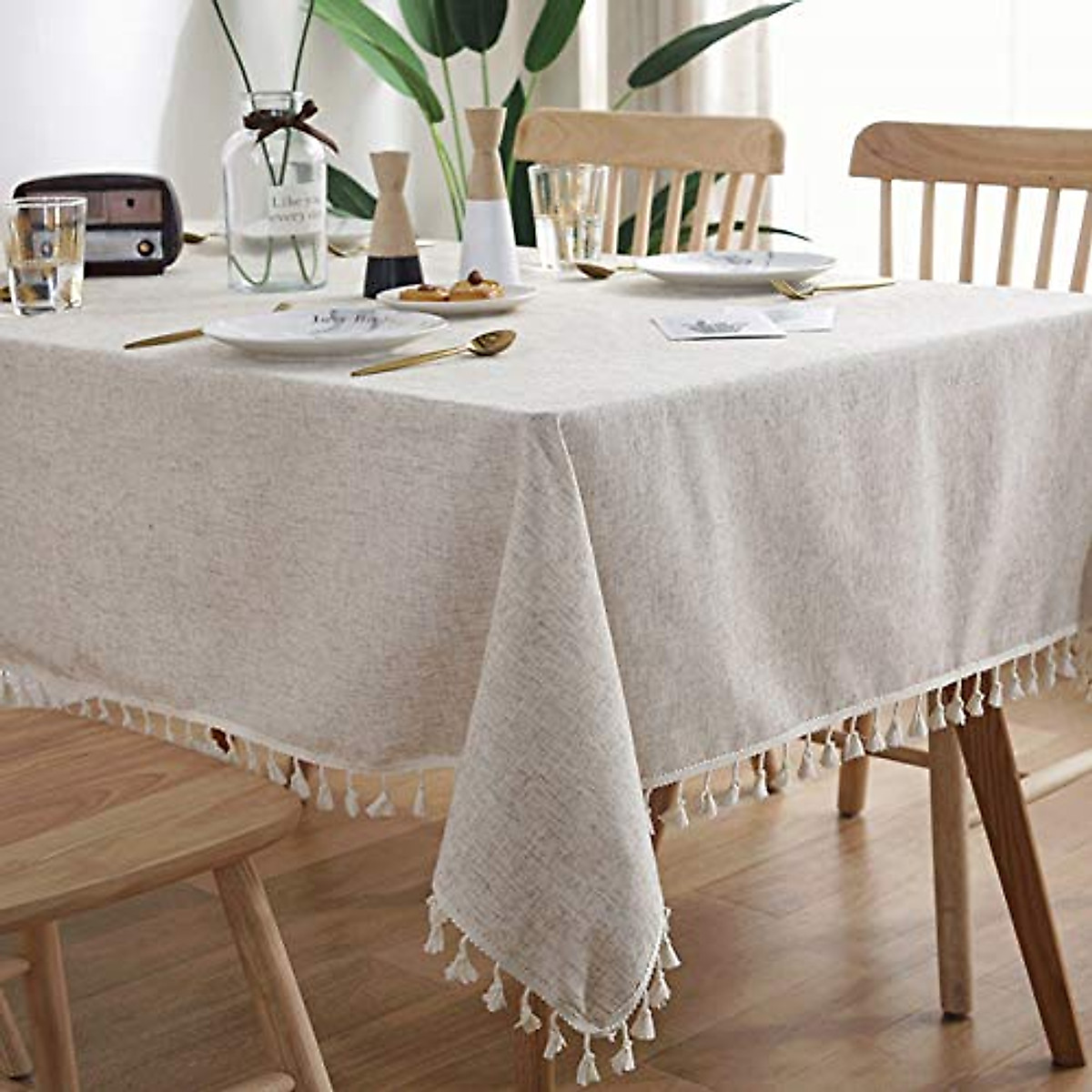 AMZALI Washable Cotton Linen Tablecloths Fabric Tassel Tablecloth Dust-Proof Table Cover for Kitchen Dinning Tabletop Home Decoration Everyday Use (Square, 55 x 55 Inch, Linen)