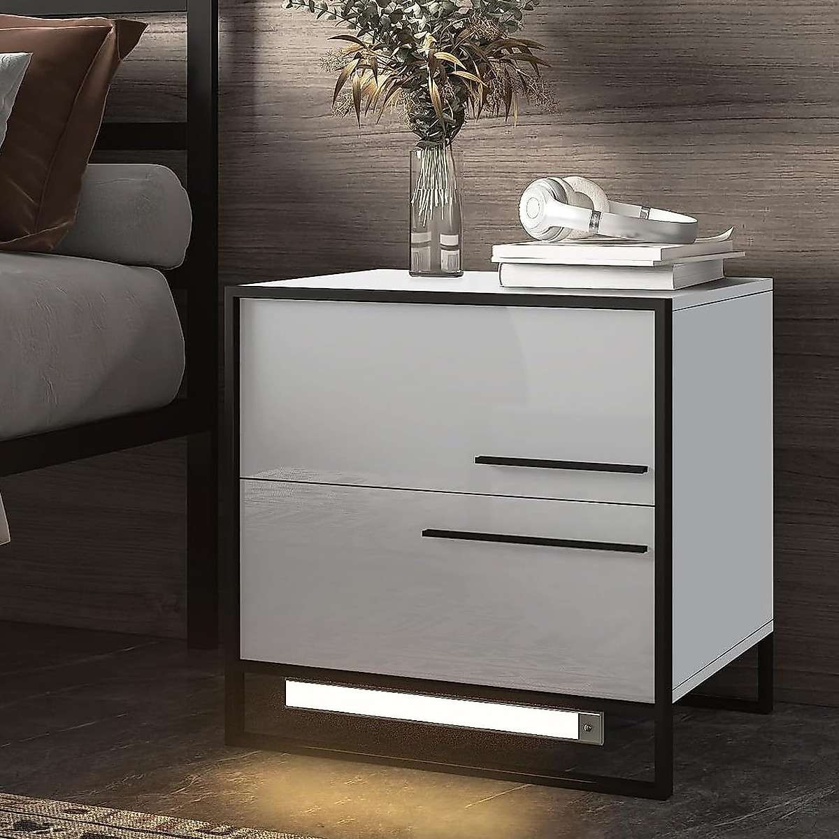 HOMMPA Nightstand with Auto Led Light Grey Night Stand with Infrared Sensor Lights 3 Colors Adustable Brightness Led Bedside Table with Metal Frame 2 Drawers High Gloss Modern Night Stand for Bedroom