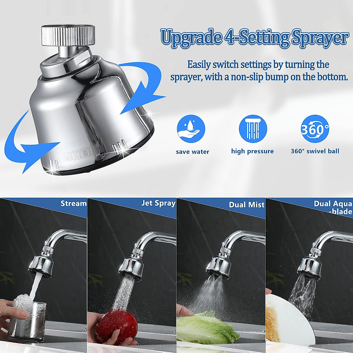 Sink Faucet Sprayer Attachment, Upgrade 4 Mode Adjustable Kitchen Faucet Head, Movable Kitchen Tap Head 360° Rotatable with Extension Hose, Anti-Splash Sink Sprayer Facuet Nozzle Head Water Saving