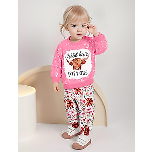 ADIFUN Baby Girl Clothes 18-24 Months Girl Clothing Fall Winter Outfits Wild Hair Don't Care Highland Cow Pink Sweatshirt Flower Pants Western Cowgirl Outfit