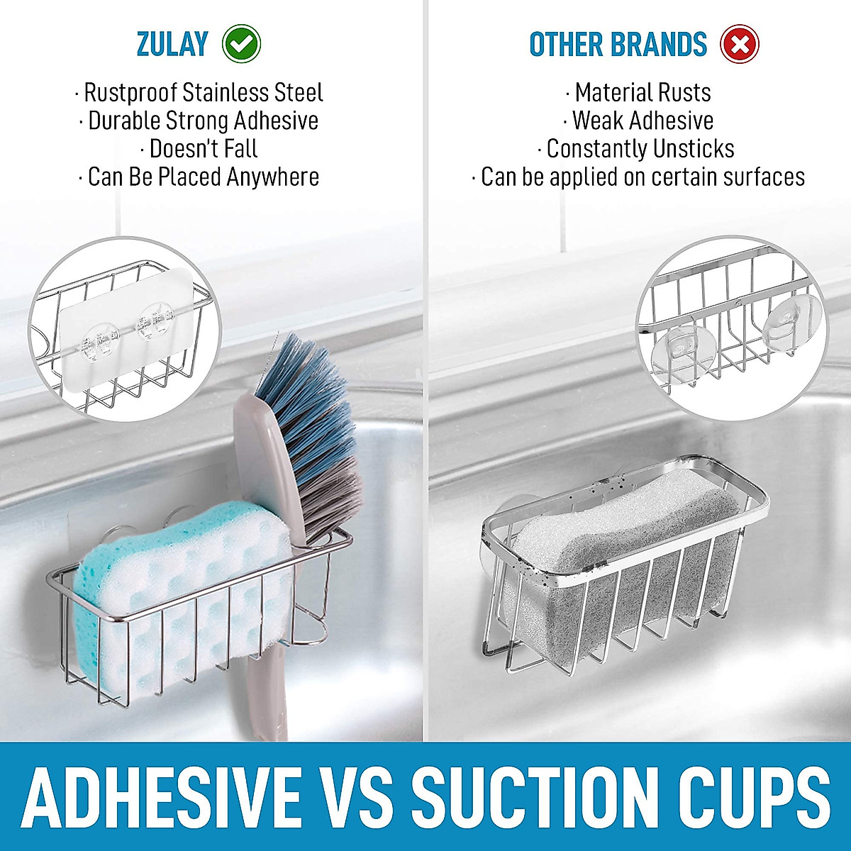 Zulay 2-in-1 Sponge Holder for Sink - Stainless Steel Kitchen Sink Sponge Holder with Extra Strong Adhesive - Rust Proof Dish Brush Holder & Dish Sponge Holder - Solid Sponge Caddy Sink Organizer