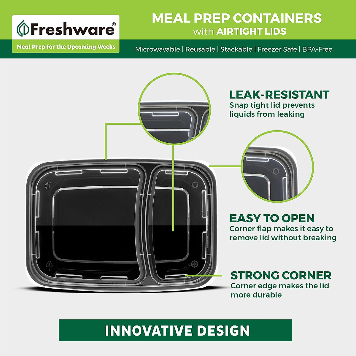 Freshware Meal Prep Containers [15 Pack] 2 Compartment with Lids, Food Storage Containers, Bento Box, BPA Free, Stackable, Microwave/Dishwasher/Freezer Safe (32 oz)