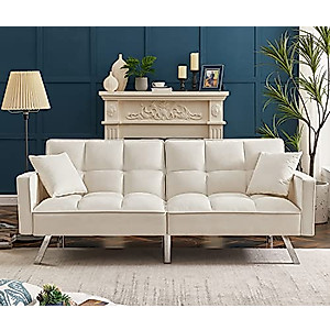 hansones Futon Sofa Bed,Loveseat Folding Daybed，Modern Velvet Fabric Convertible Folding Lounge Couch withwith Arm 2 Pillows Split for Small Space, Home, Living Room (Cream White)