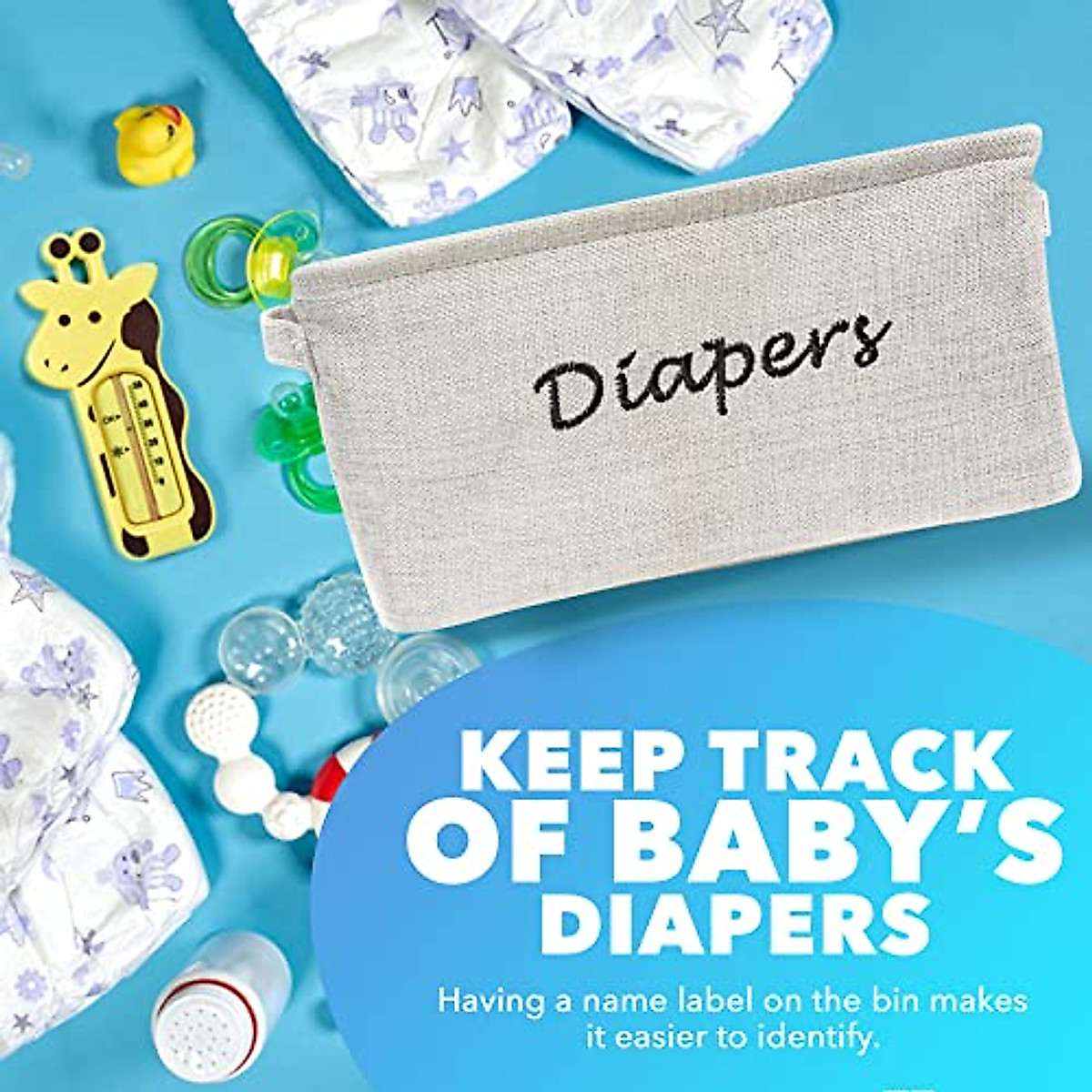 Dejaroo - Baskets for Organizing Diapers and Newborn Essentials, Baby Diaper Caddy Organizer, Embroidered Baby Shower Gifts for Moms, Linen Basket with Handle, 12 x 6 x 6 Inches, Grey