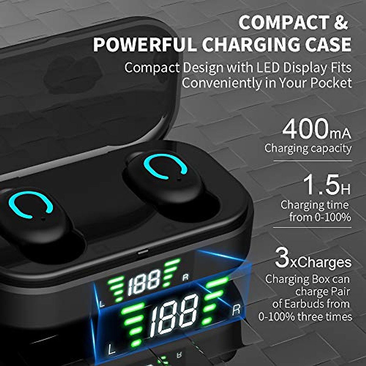 Elrigs Bluetooth 5.0 True Wireless Earbuds with Charging Case for iPhone Android, 28H Playtime, IPX5 Waterproof, TWS Stereo Headphones with mic, in-Ear Earphones Headset with LED Display…