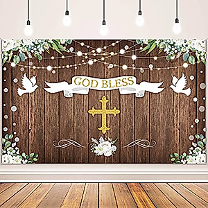 God Bless Baptism Backdrop First Holy Communion Party Decorations Christening Ceremony Newborn Baby Shower Banner Rustic Wood White Floral Ribbon Photography Background Decor Supplies 71 x 43 Inch