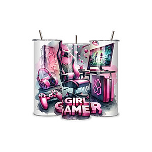 Girl Gamer 20oz Skinny Tumbler with Metal Straw – Pink Gaming Setup Design with Controller and Headset – Double-Walled Insulated Stainless Steel Tumbler for Hot & Cold Drinks (Darker)