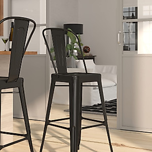 Merrick Lane Dothan Series Bar Height Stool - Black Finish - Metal Frame with Cross Bracing - Convenient Removable Back - Integrated Footrest