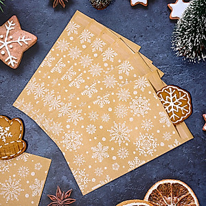 Whaline 100Pcs Christmas Kraft Treat Bags Self-Adhesive Winter White Snowflake Prints Goodie Snack Gift Bags Xmas Candy Buffet Kraft Bags for Winter Holiday Party Favor Supplies