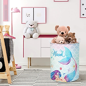 Clastyle 45L Colorful Mermaid Blue Girls Laundry Hamper Starfish Seashells Round Toy Clothes Storage Basket for Kids Room, 14.2x17.7 in