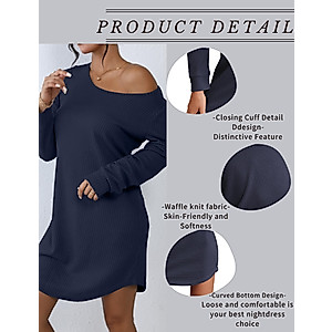 Ekouaer Womens Nightgown Waffle Knit Long Sleeve Nightgown Sleep shirts Night Dress for Women Navy Blue XXL