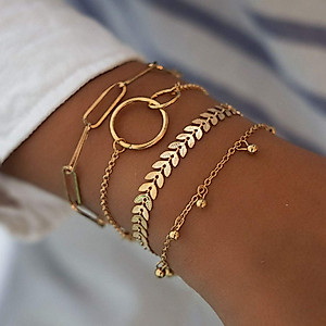 Sakytal Boho Stackable Circle Bracelet Set Gold Fish Bone Layered Beaded Paperclip Link Bracelet Chain Jewelry for Women(4PCS)