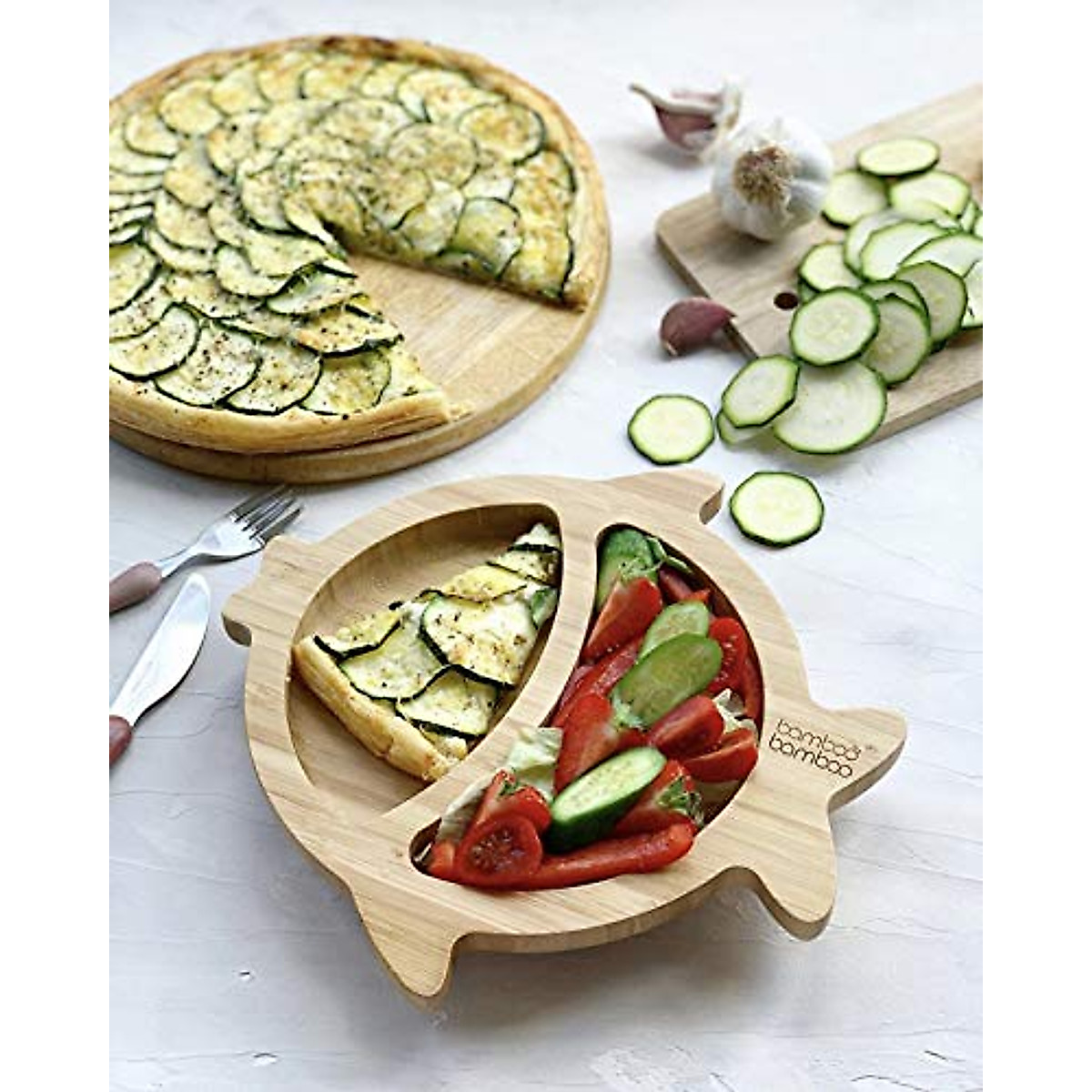 Bamboo Baby Plate with Suction - Kids and Toddler Suction Cup Plate for Babies, Non-toxic All-Natural Bamboo Baby Food Plate Stays Cool to the Touch for Baby-Led Weaning (Fish-Orange)